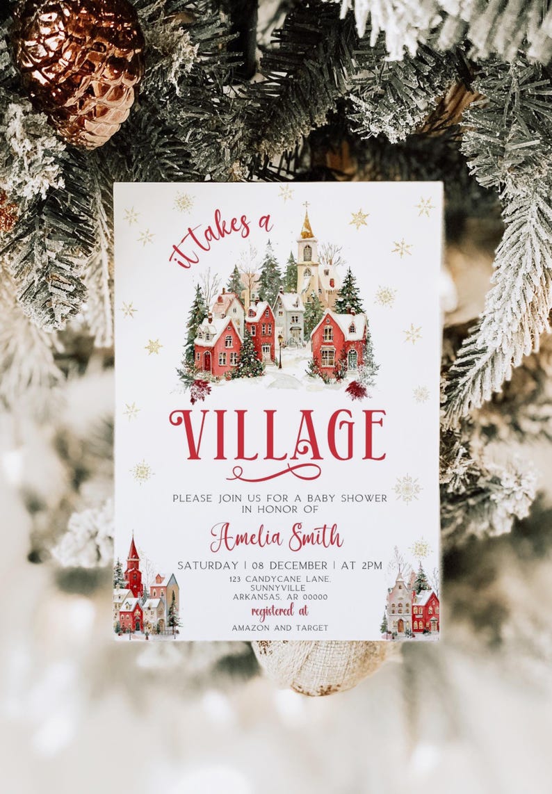 It Takes a Village Baby Shower Invitation Suite, Christmas Village Baby ...