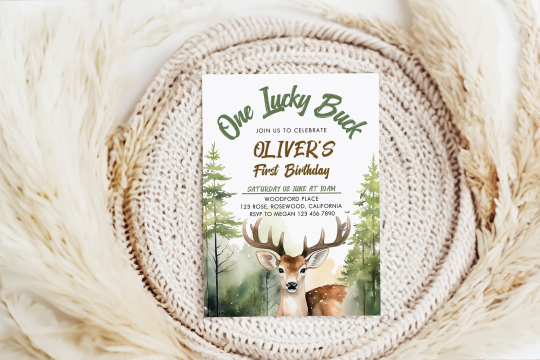 One Lucky Buck Birthday Invitation, Buck Birthday Invite, Hunting ...