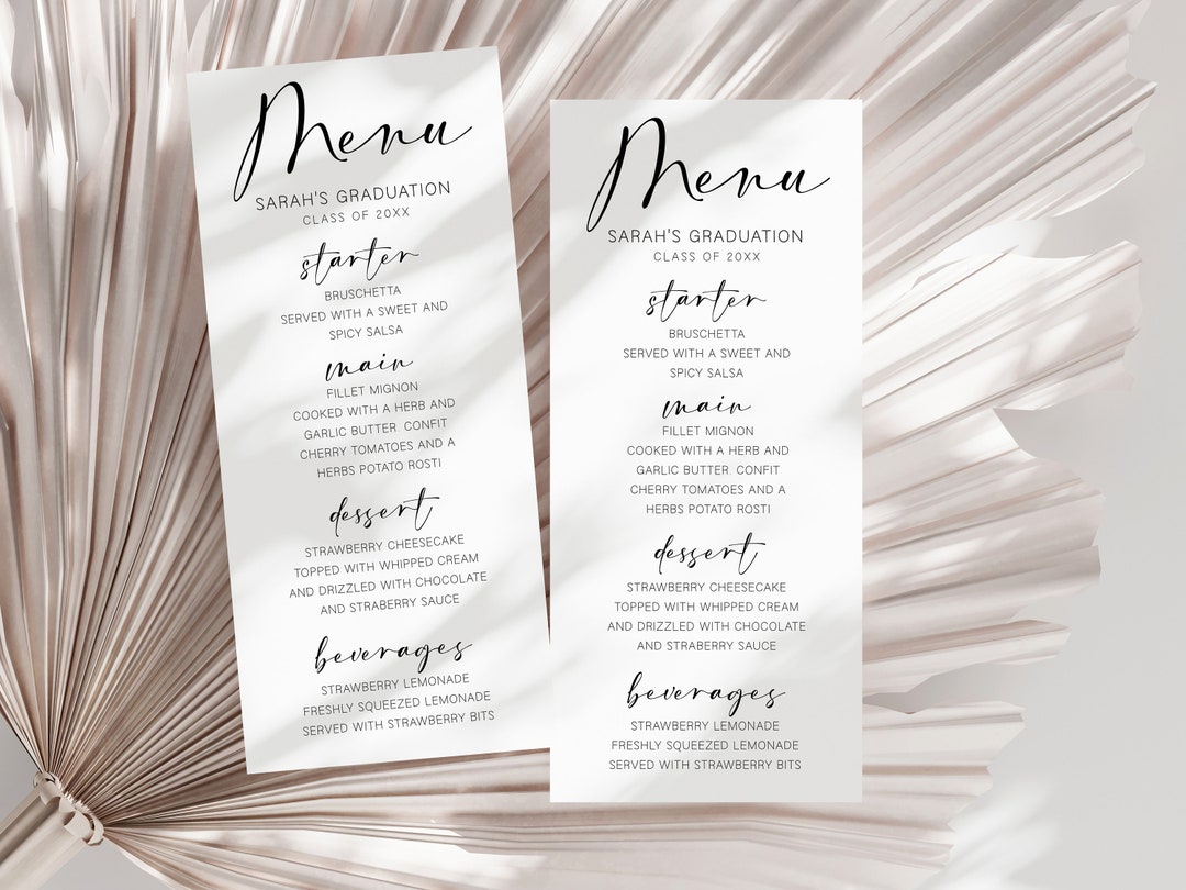 Graduation Menu Template, Grad Party Menu Card, Minimal Menu Card ...