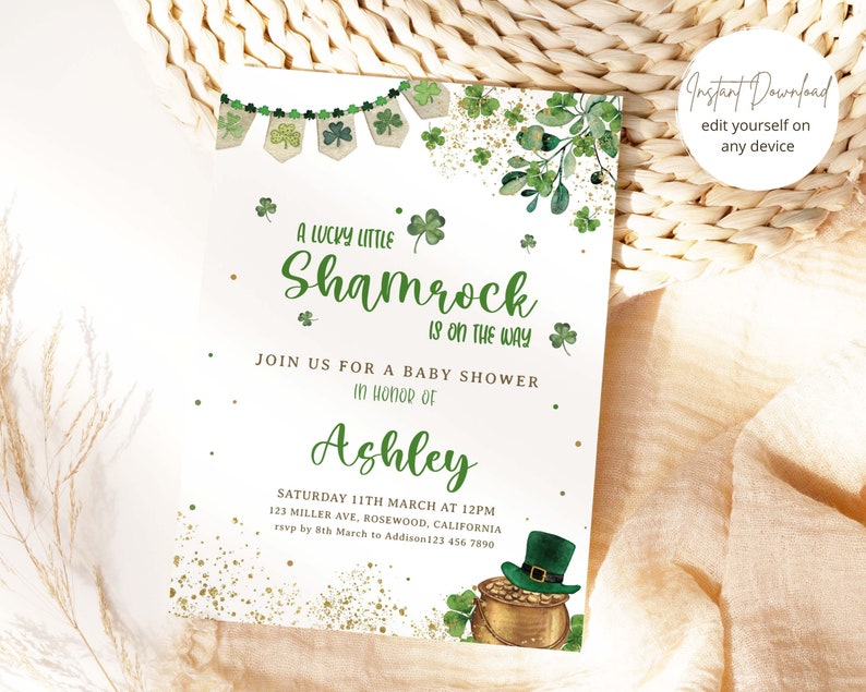 Editable Shamrock Baby Shower Invitation St Patrick's Baby - Etsy
