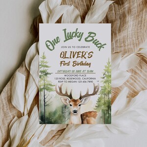 One Lucky Buck Birthday Invitation, Buck Birthday Invite, Hunting ...