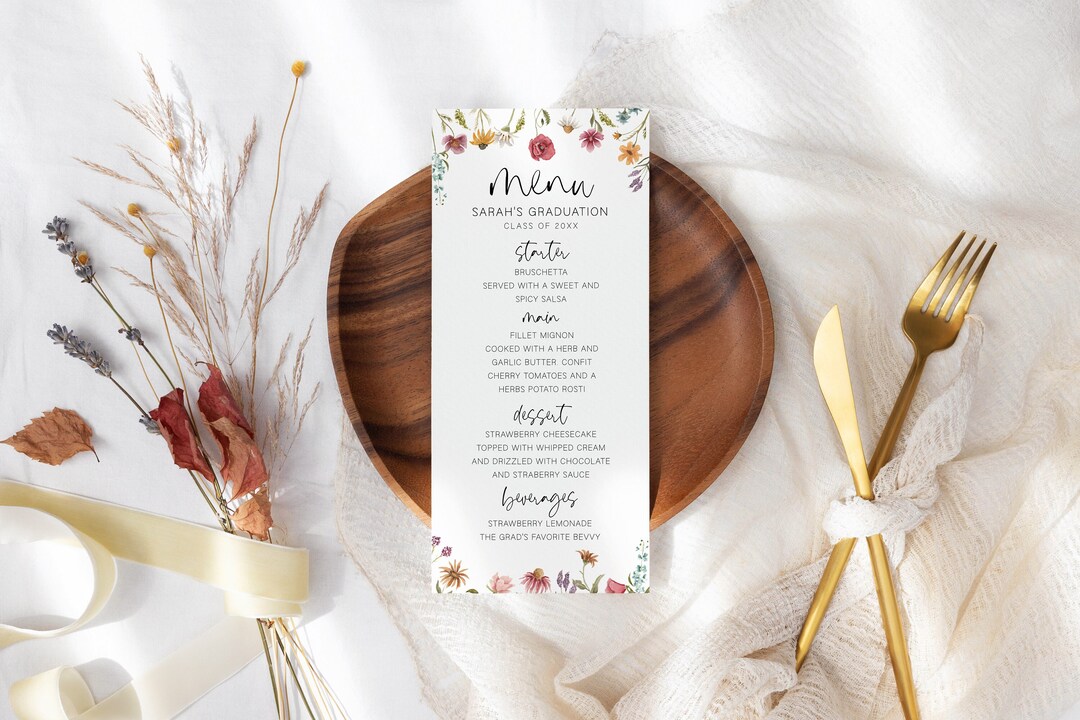 Wildflower Graduation Menu Template, Grad Party Menu Card, Wildflower ...