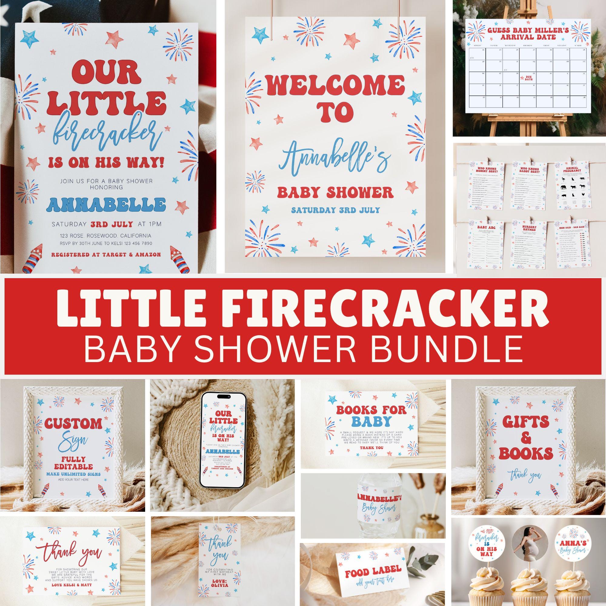 Little Firecracker Baby Shower Bundle, 4th of July Baby Shower Bundle ...
