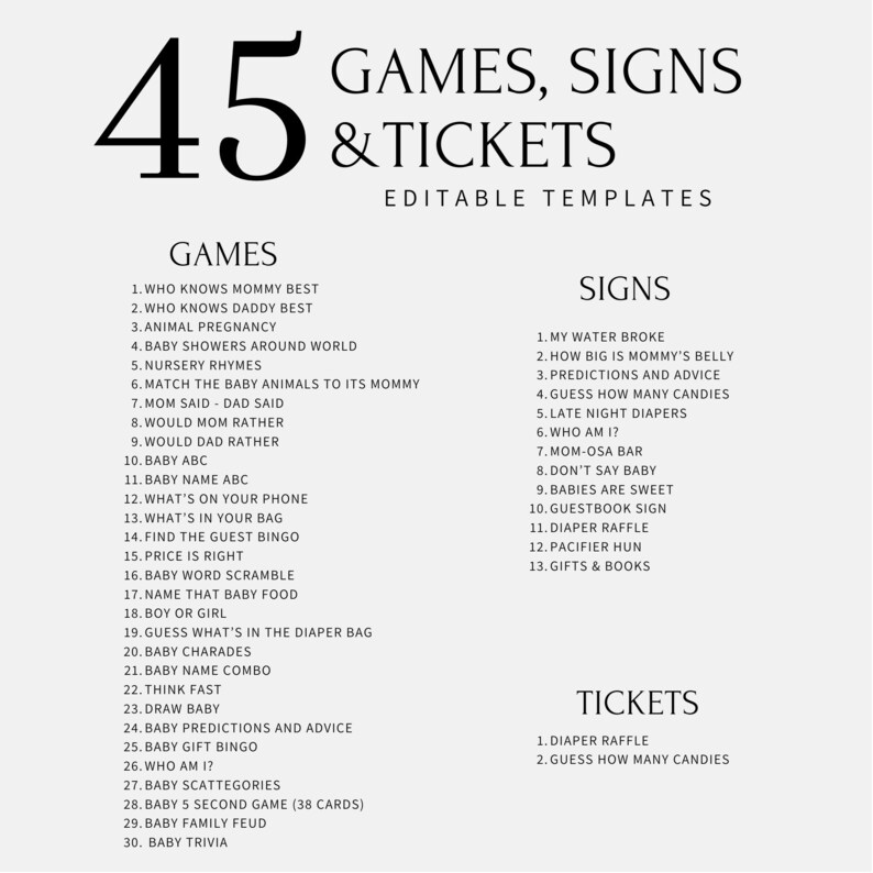 Baby Shower Games and Signs Bundle, 45 Baby Shower Games, Signs and ...