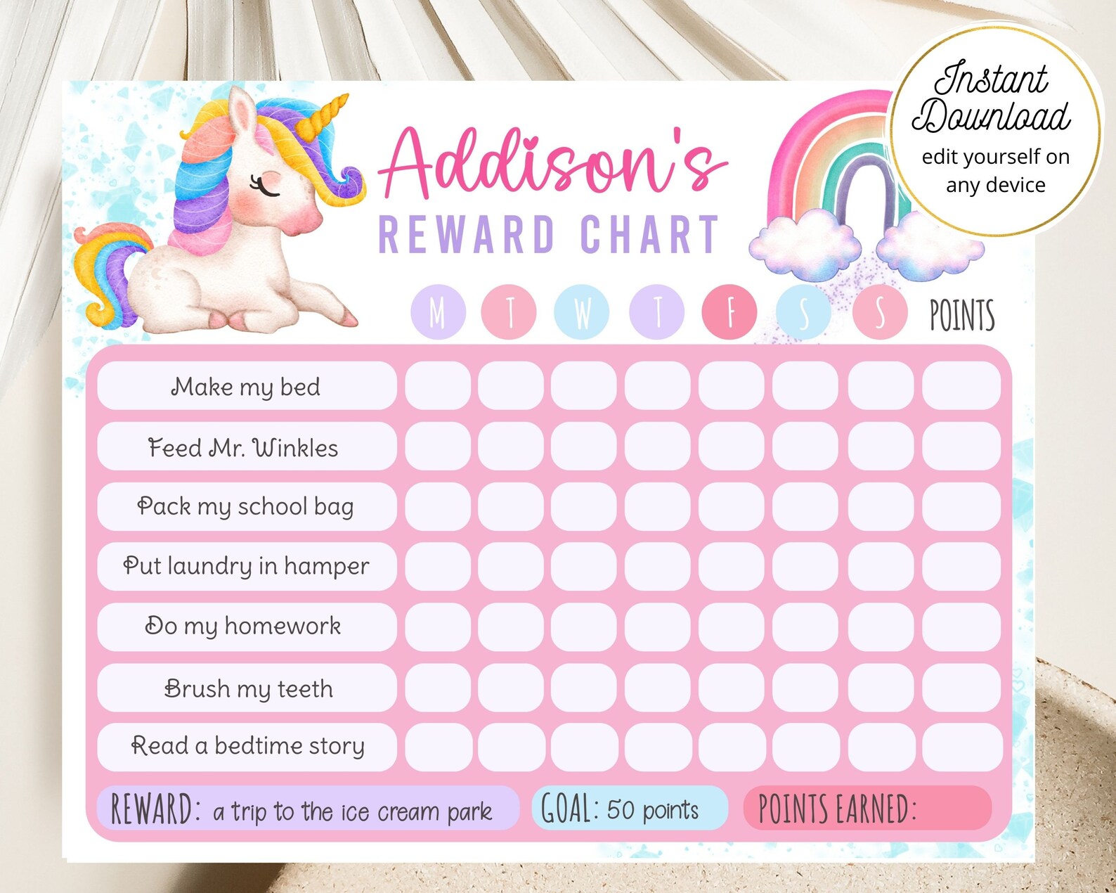 Unicorn Reward Chart Editable Unicorn Reward Chart Unicorn - Etsy