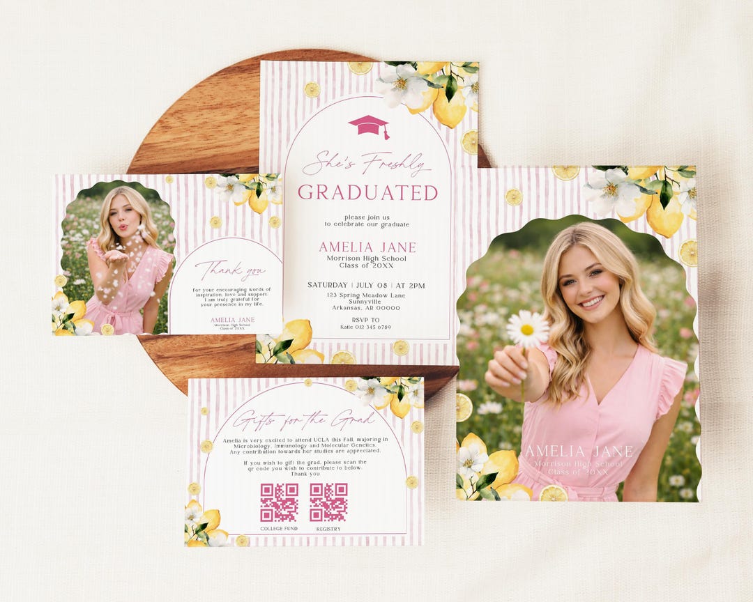 Pink Freshly Graduated Graduation Party Invitation Suite, Announcement ...