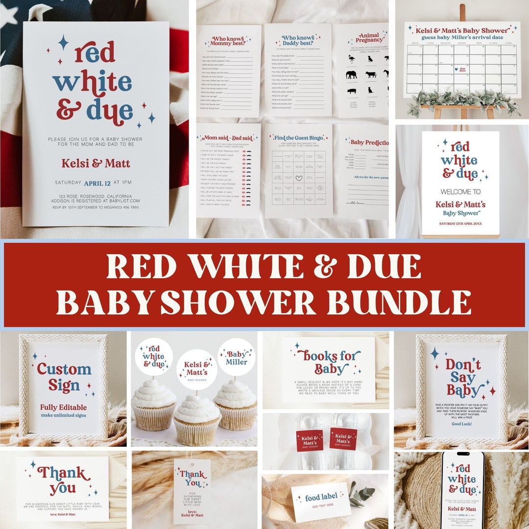 Red White and Due Invitation Bundle, 4th of July Baby Shower Bundle ...