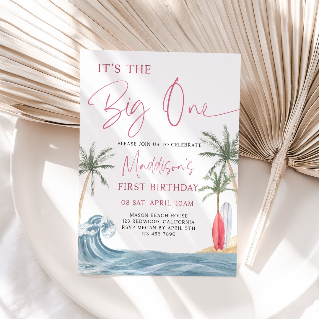 Pink Big One Birthday Invitation, Summer Birthday Invite, Surf Birthday ...