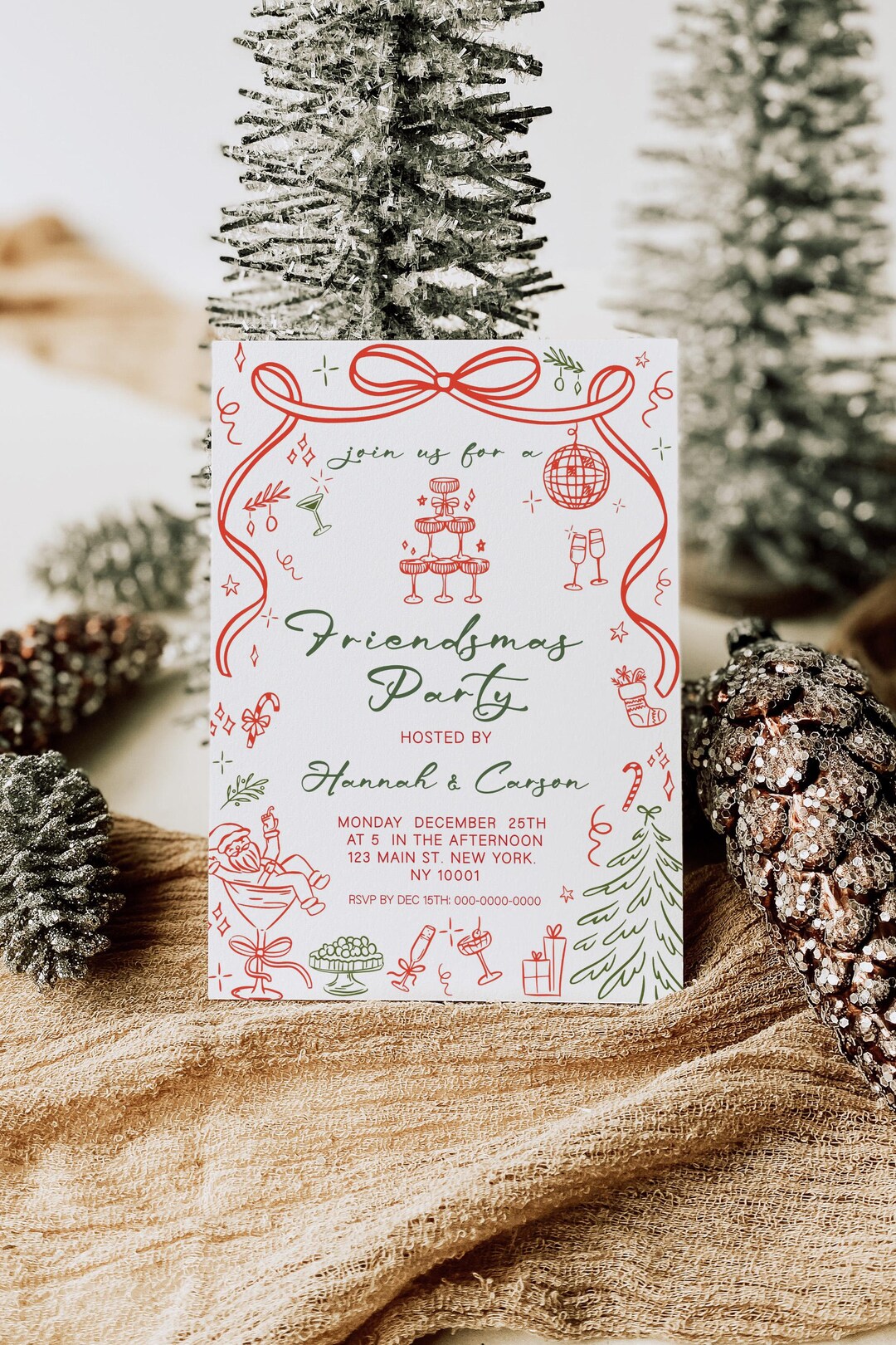 Christmas Party Invitation, Friendsmas Party Template, Doodle ...