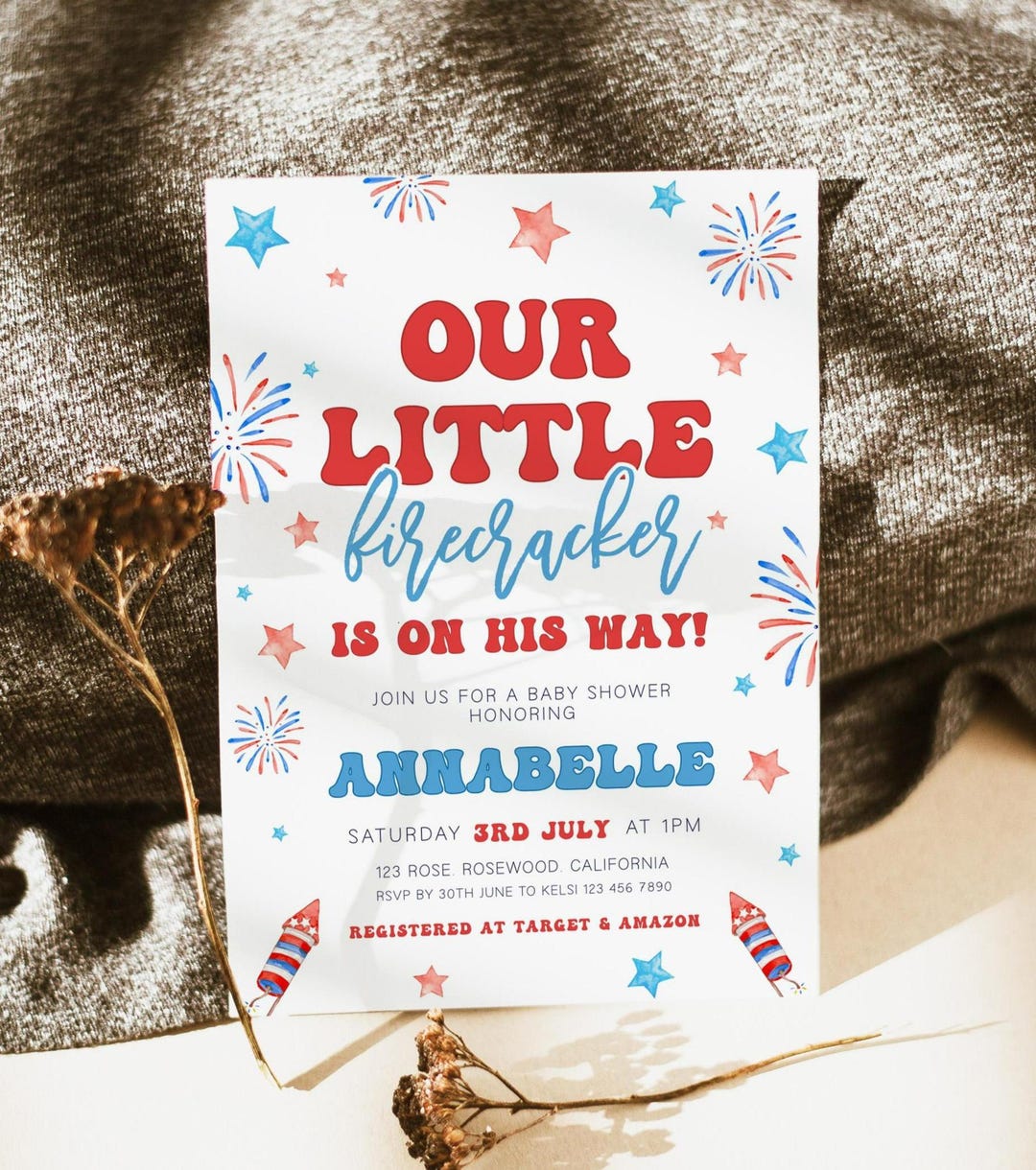 Little Firecracker Baby Shower Invitation, 4th of July Baby Shower, Red ...