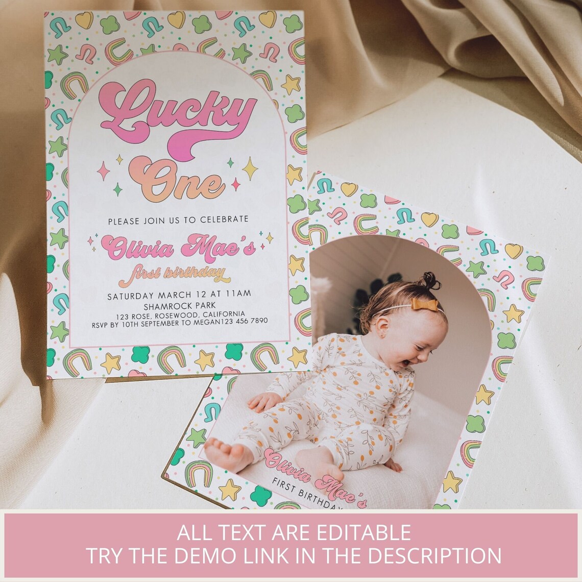 Lucky One Birthday Invitation, Girl Lucky One, Pink Shamrock Birthday ...