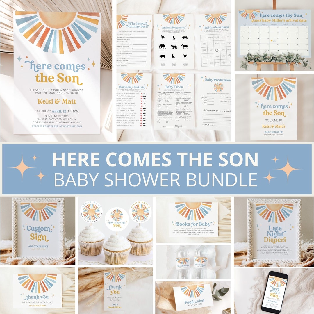 Here Comes the Son Baby Shower Bundle, Here Comes the Son Baby Shower Invitation, Sunshine Baby ...