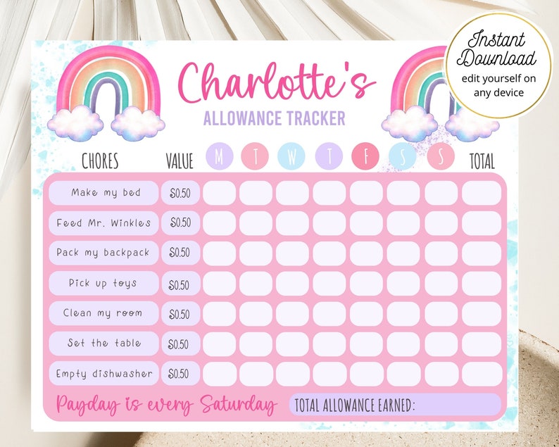 Editable Allowance Chart, Editable Chore Chart, Rainbow Chore Printable ...