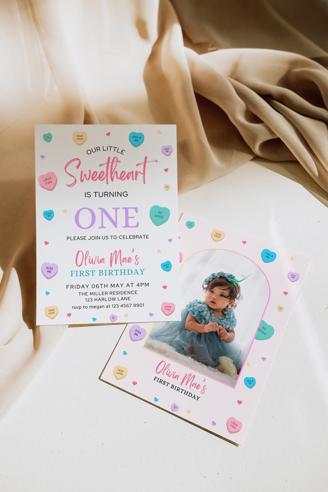 Conversation Hearts First Birthday Invitation, Candy Hearts 1st ...
