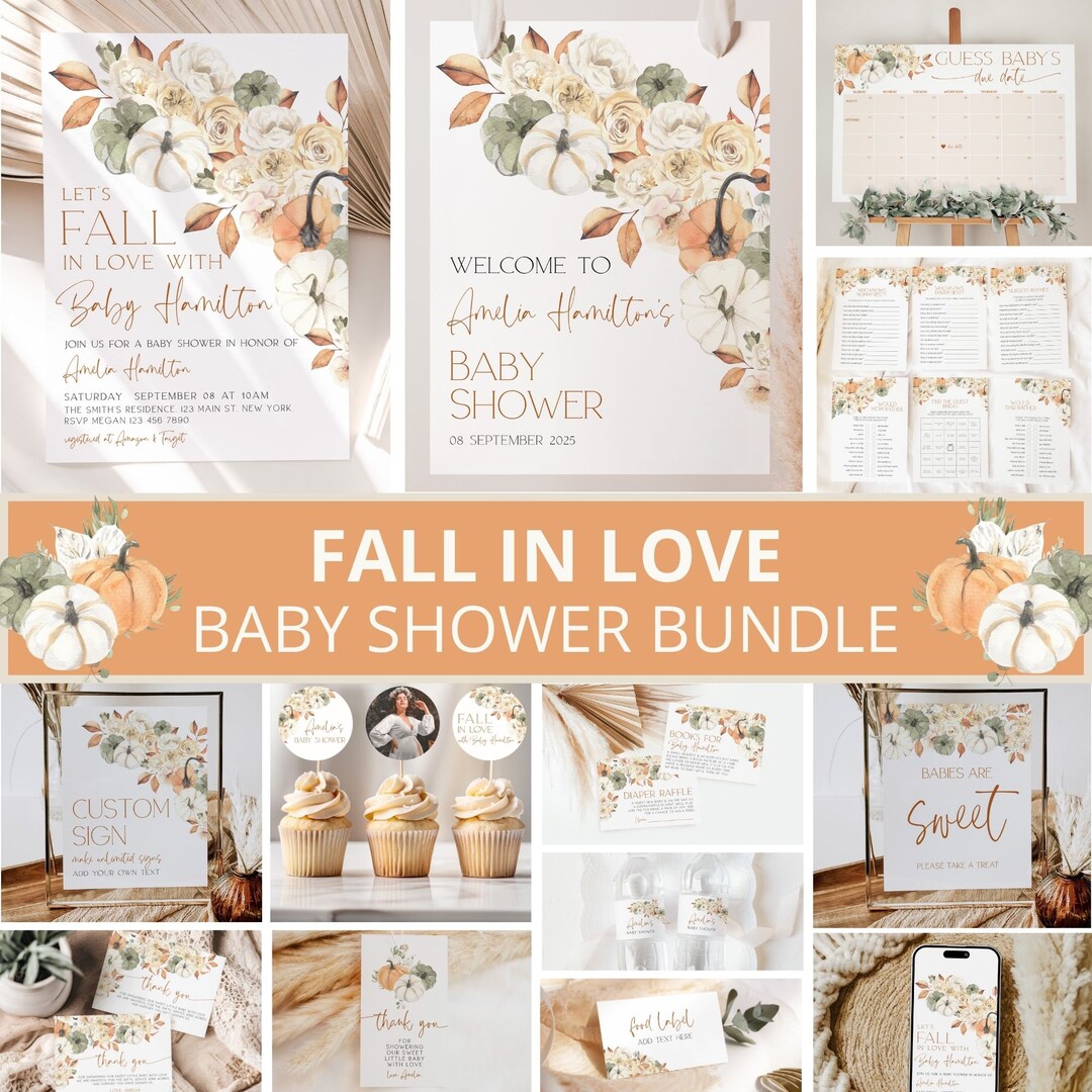 Fall in Love Baby Shower Bundle, Fall Pumpkin Baby Shower Invitation ...