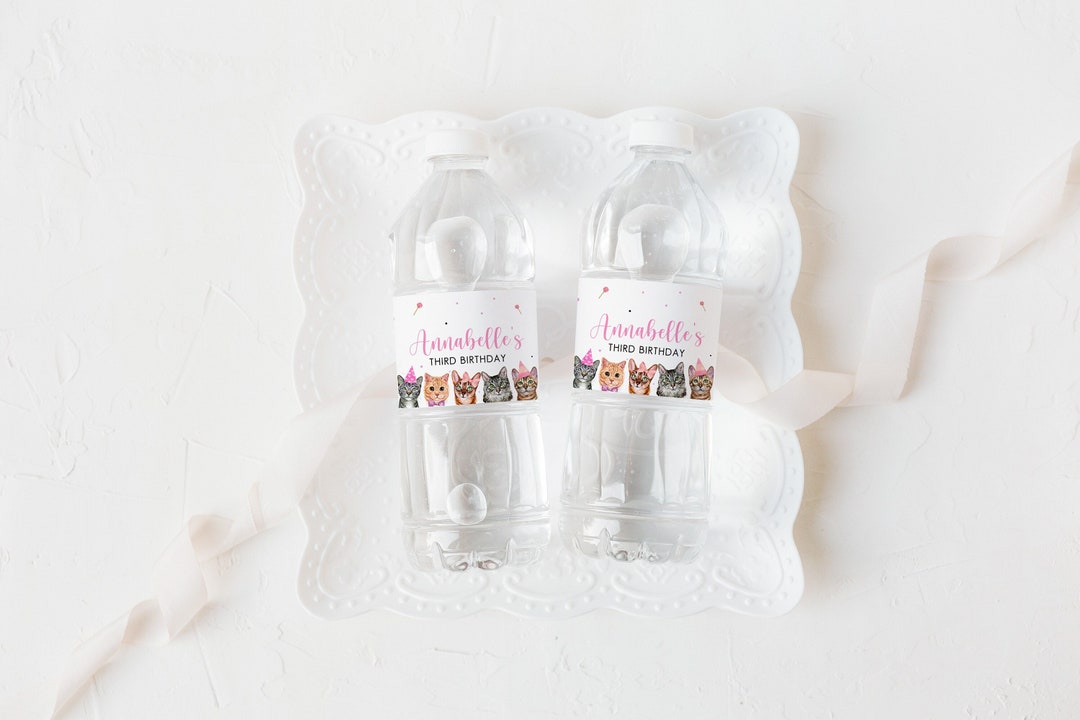 Editable Cat Birthday Bottle Label, Cat Party Water Bottle Label ...