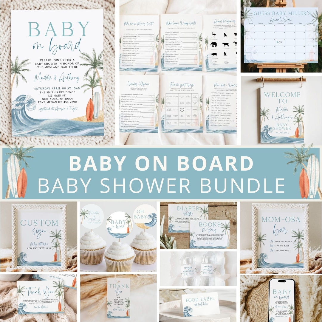 Baby on Board Baby Shower Invitation Bundle, Surfboard Baby Shower ...