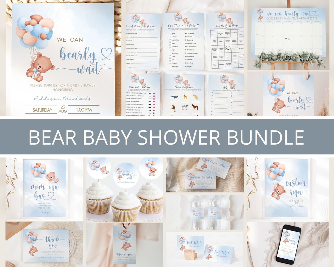 Bear Baby Shower Bundle, Blue Bear Baby Shower Invitation Bundle ...