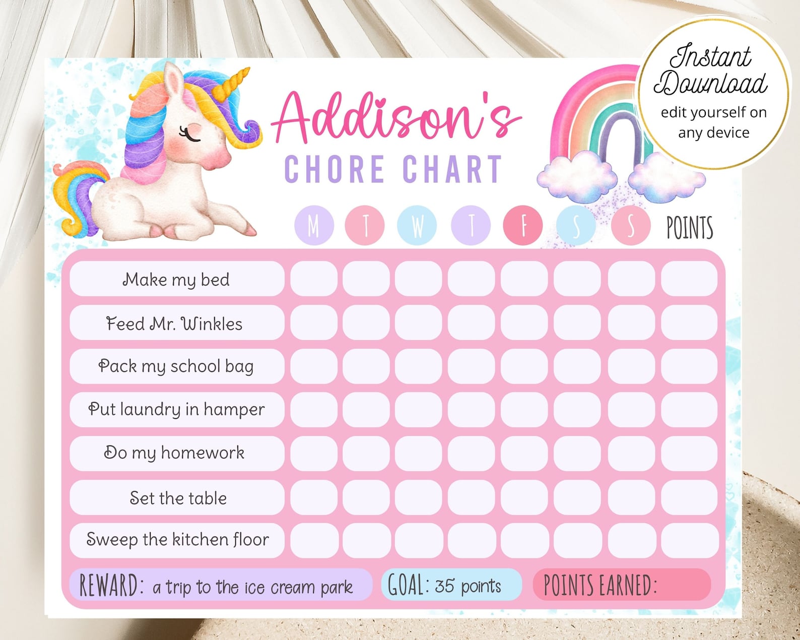 Unicorn Chore Chart, Editable Unicorn Chore Chart, Unicorn Chore ...