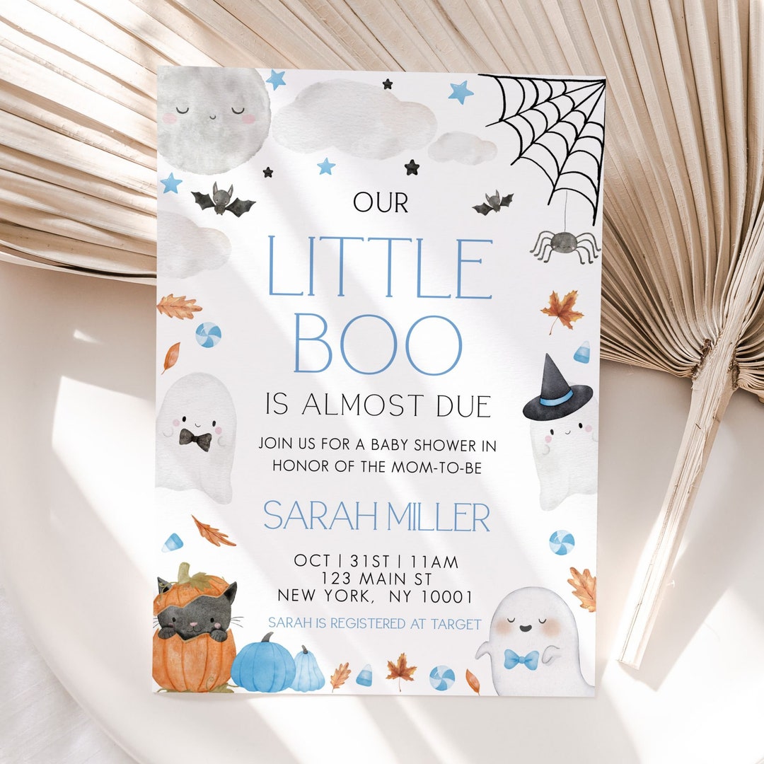 Blue Little Boo Baby Shower Invitation, Boy Halloween Baby Shower ...