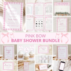 Pink Bow Baby Shower Invitation Bundle, Pink Gingham Baby Shower Invite ...
