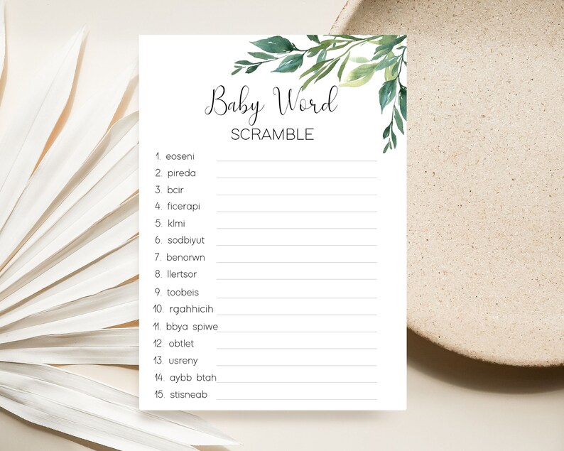 Baby Shower Word Scramble Game Printable Greenery Baby Shower - Etsy