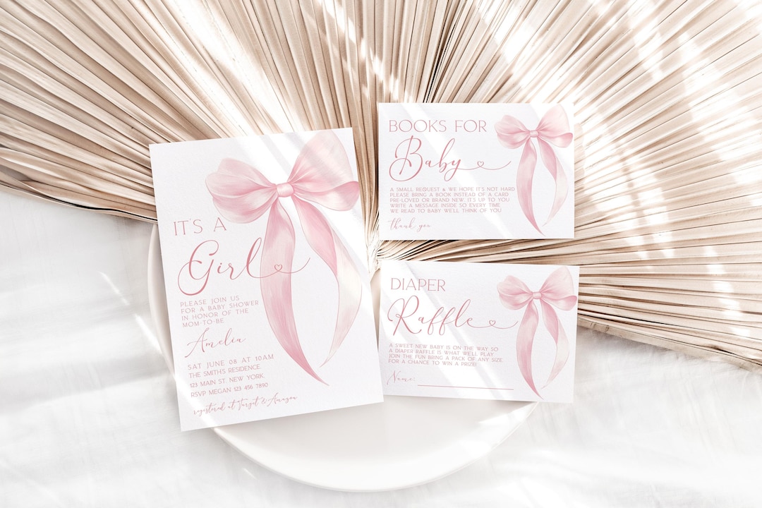 Pink Bow Baby Shower Invitation, Pink Bow Baby Shower Decor, Pink ...