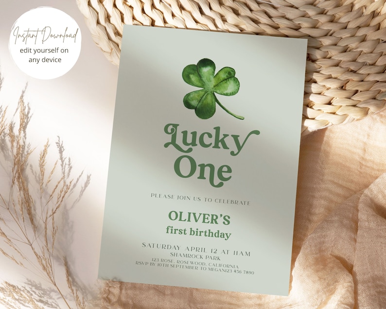 Editable Lucky One Birthday Invitation, Shamrock Birthday Invite, St ...