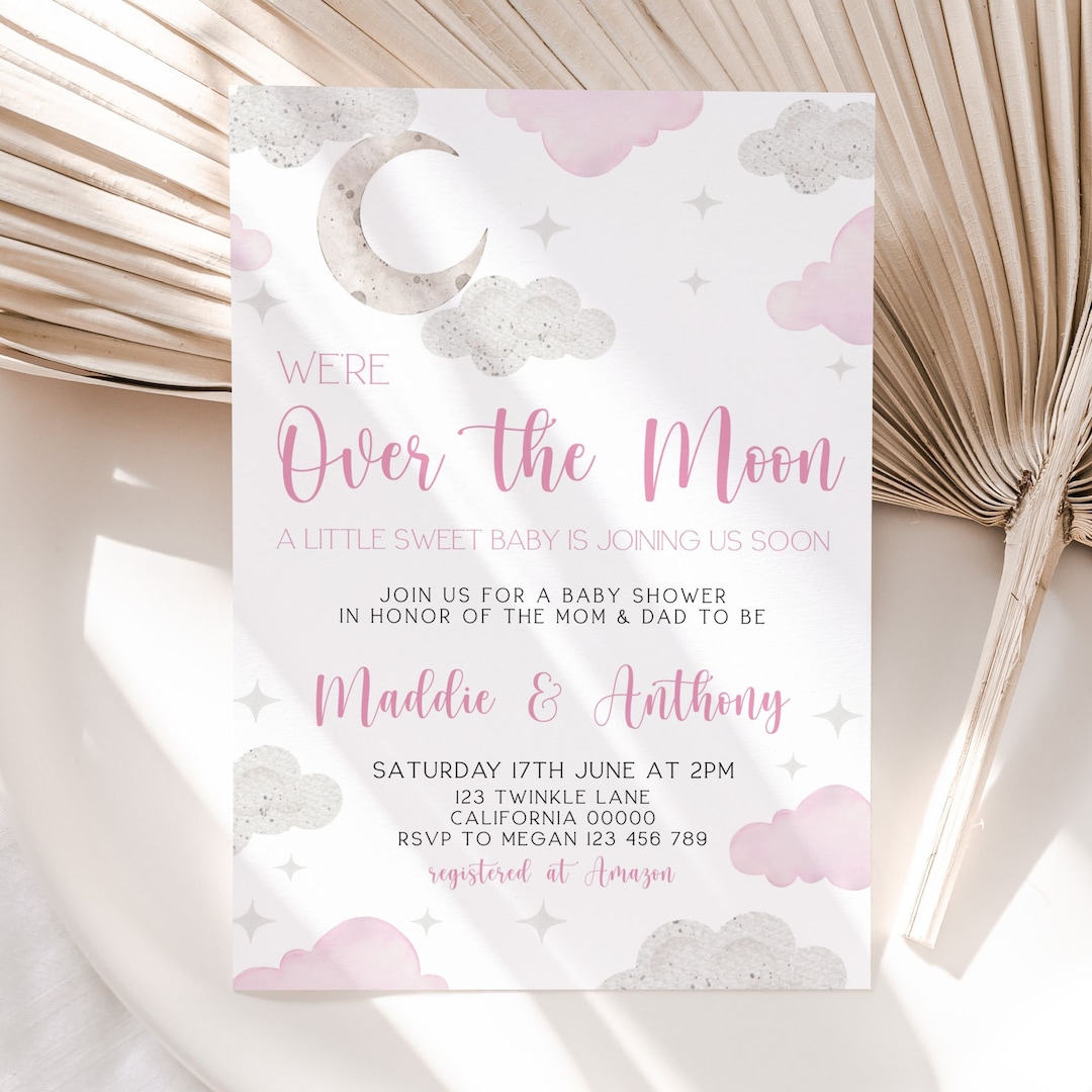 Pink Over the Moon Baby Shower Invitation, Pink Over the Moon Baby ...