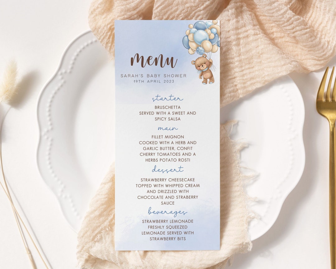 We Can Bearly Wait Baby Shower Menu, Blue Bear Baby Shower Menu Card ...
