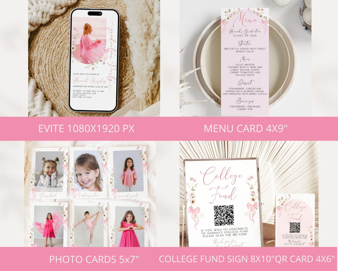 Pink Bow Wildflower Graduation Invitation Bundle, Pink Graduation Party ...