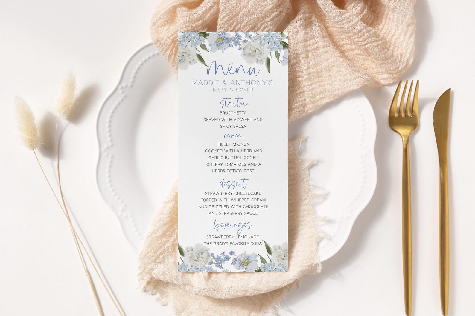 Blue Baby in Bloom Menu Template, Baby Shower Menu Card, Blue Floral ...
