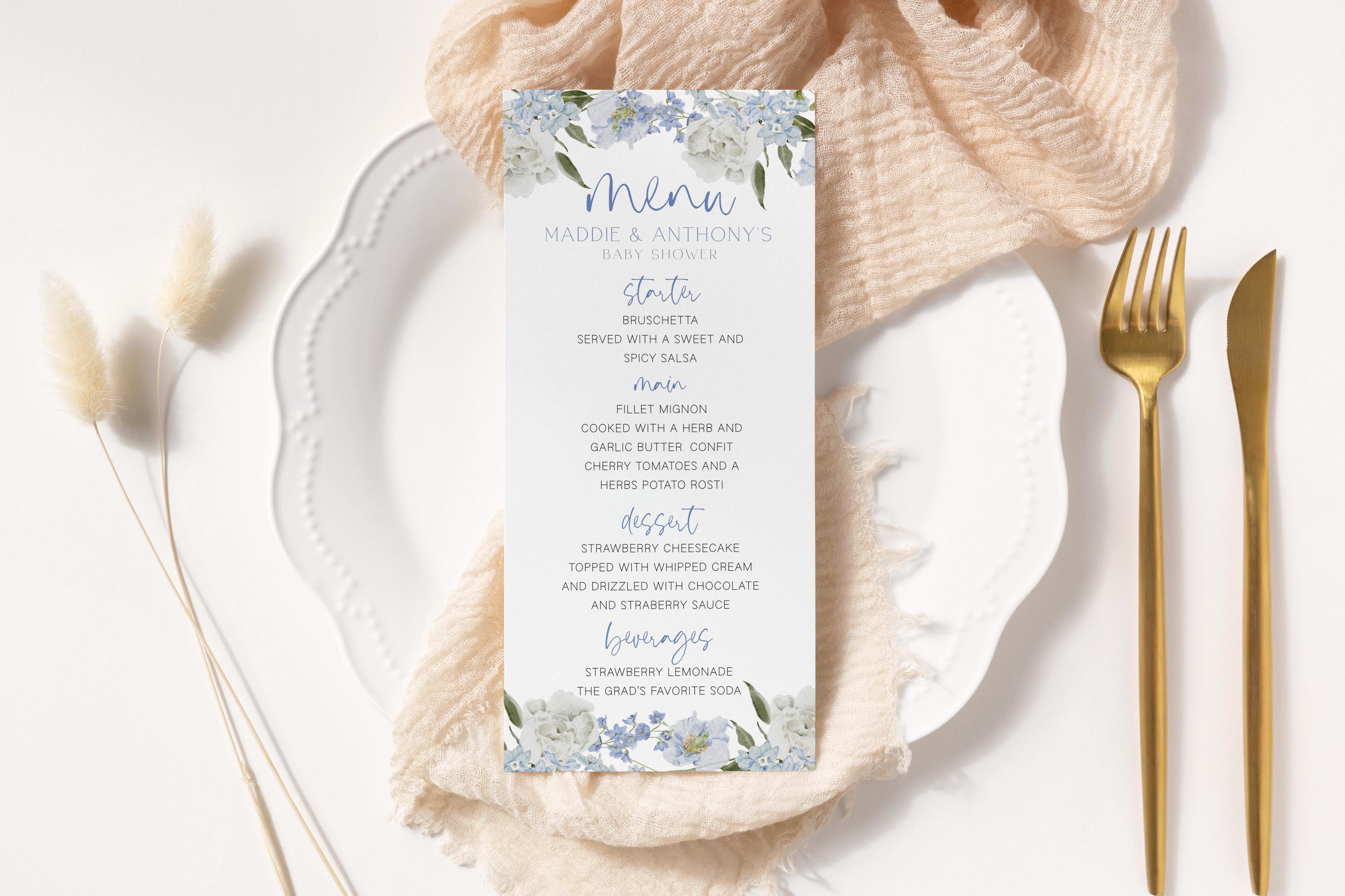Blue Baby in Bloom Menu Template, Baby Shower Menu Card, Blue Floral ...