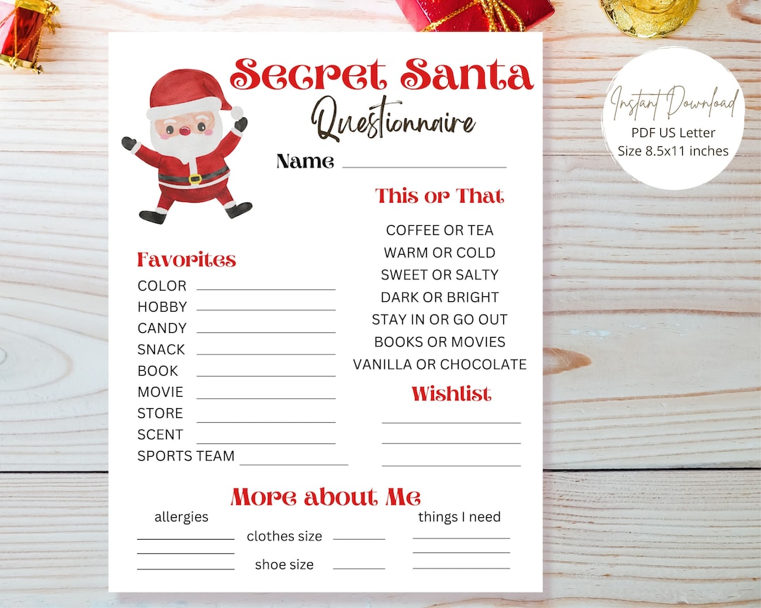 Printable Secret Santa Questionnaire Adults, Christmas, Gift Exchange ...