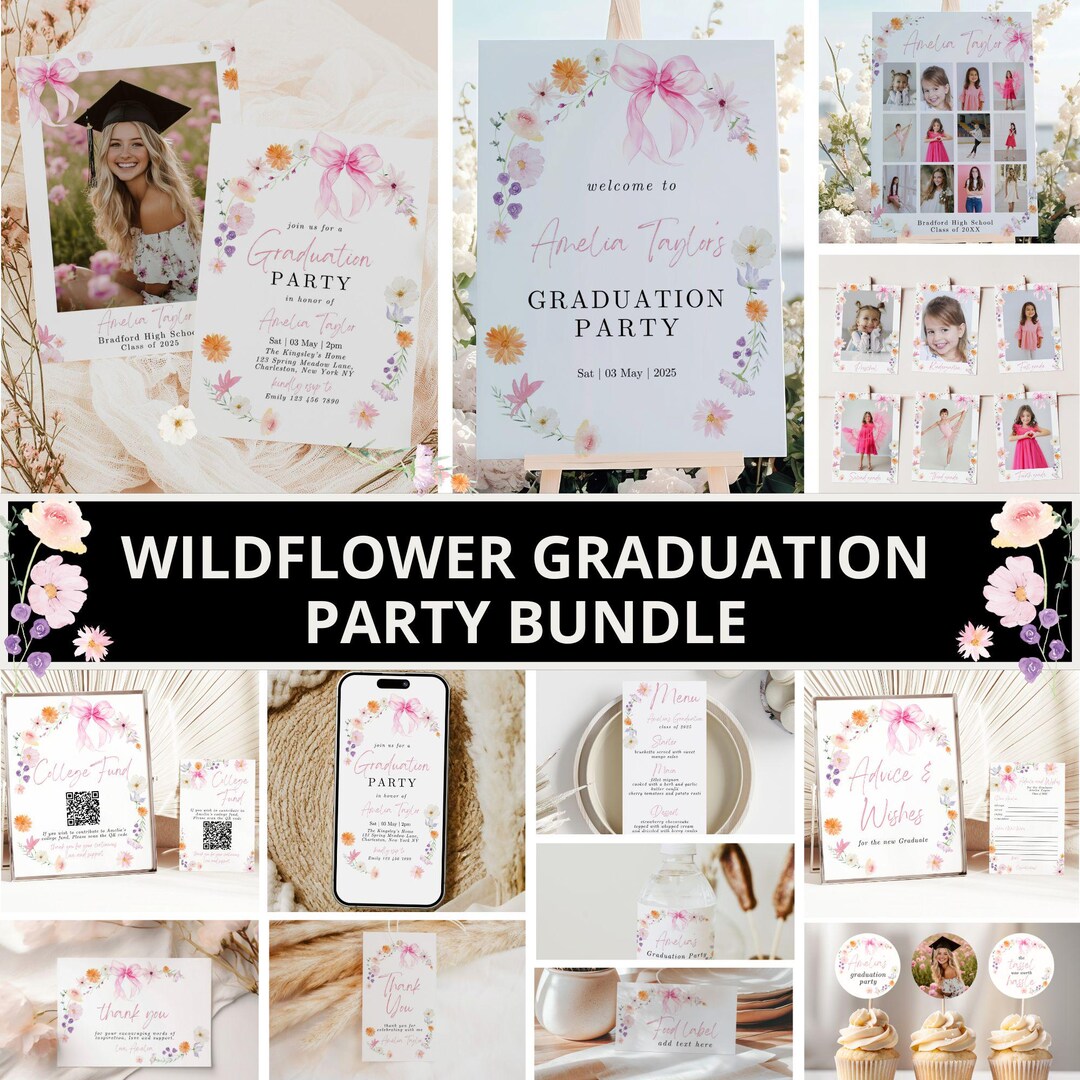 Wildflower Graduation Invitation Bundle, Pink Bow Graduation Party ...