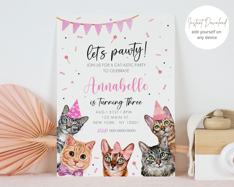 Cat Themed Birthday Invitation Cat Birthday Invite Cat - Etsy