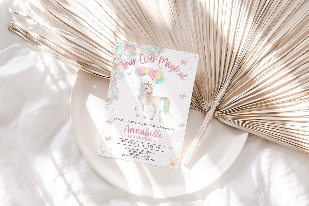 Four Ever Unicorn Birthday Invitation, Unicorn Birthday Invite, Unicorn ...
