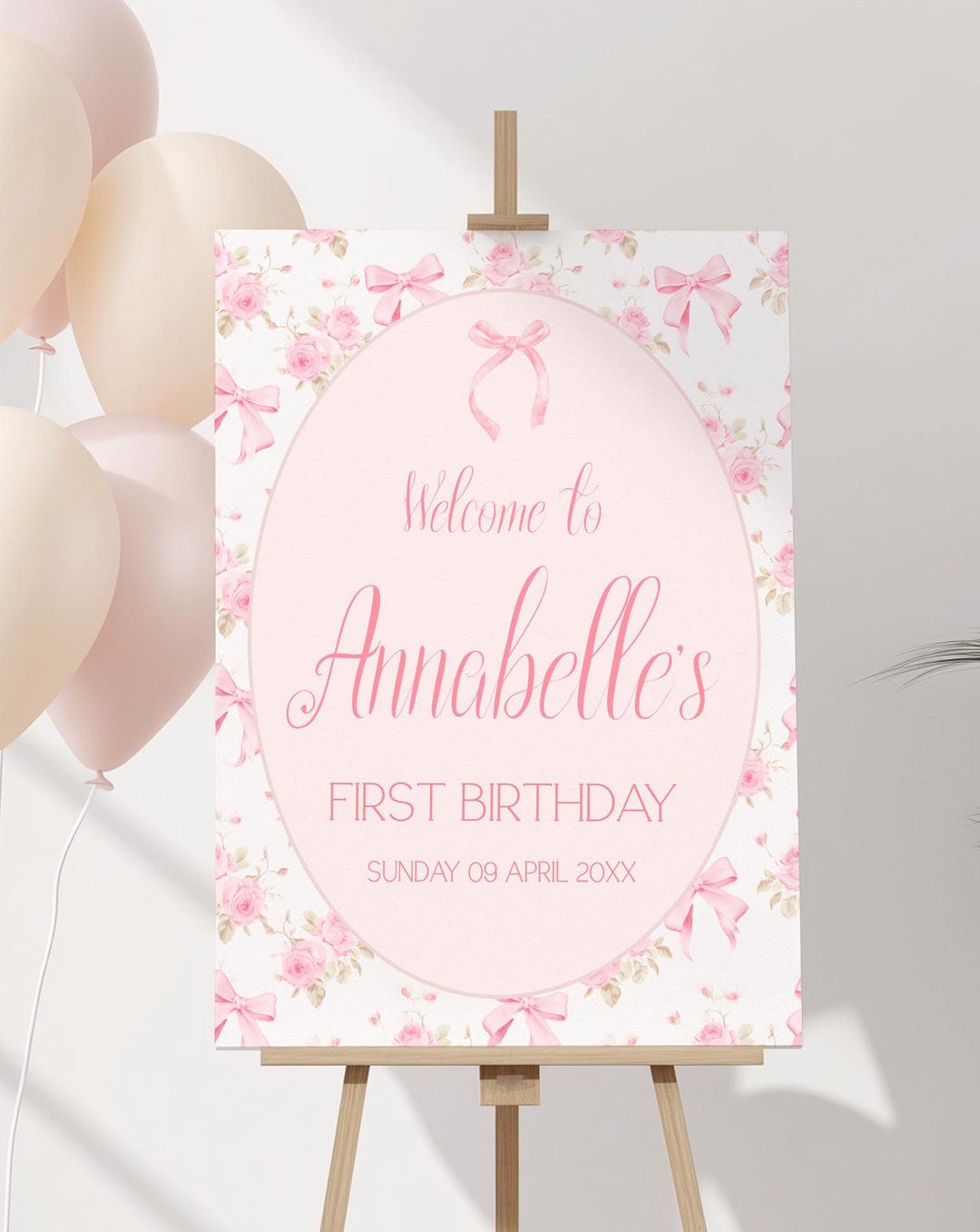Pink Bow Birthday Welcome Sign, Floral Pink Bow First Birthday ...