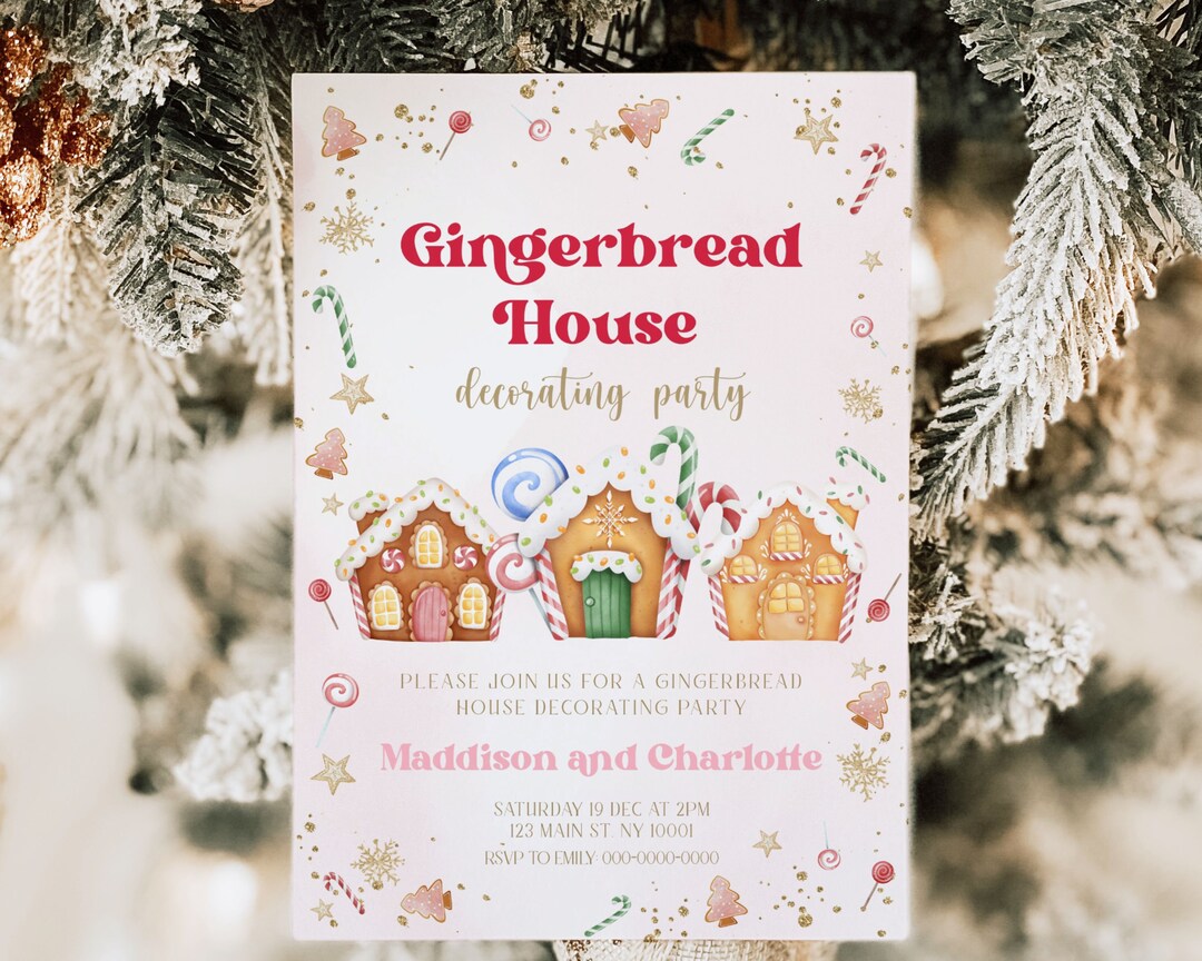 Pink Gingerbread House Decorating Party Invitation, Christmas Party ...