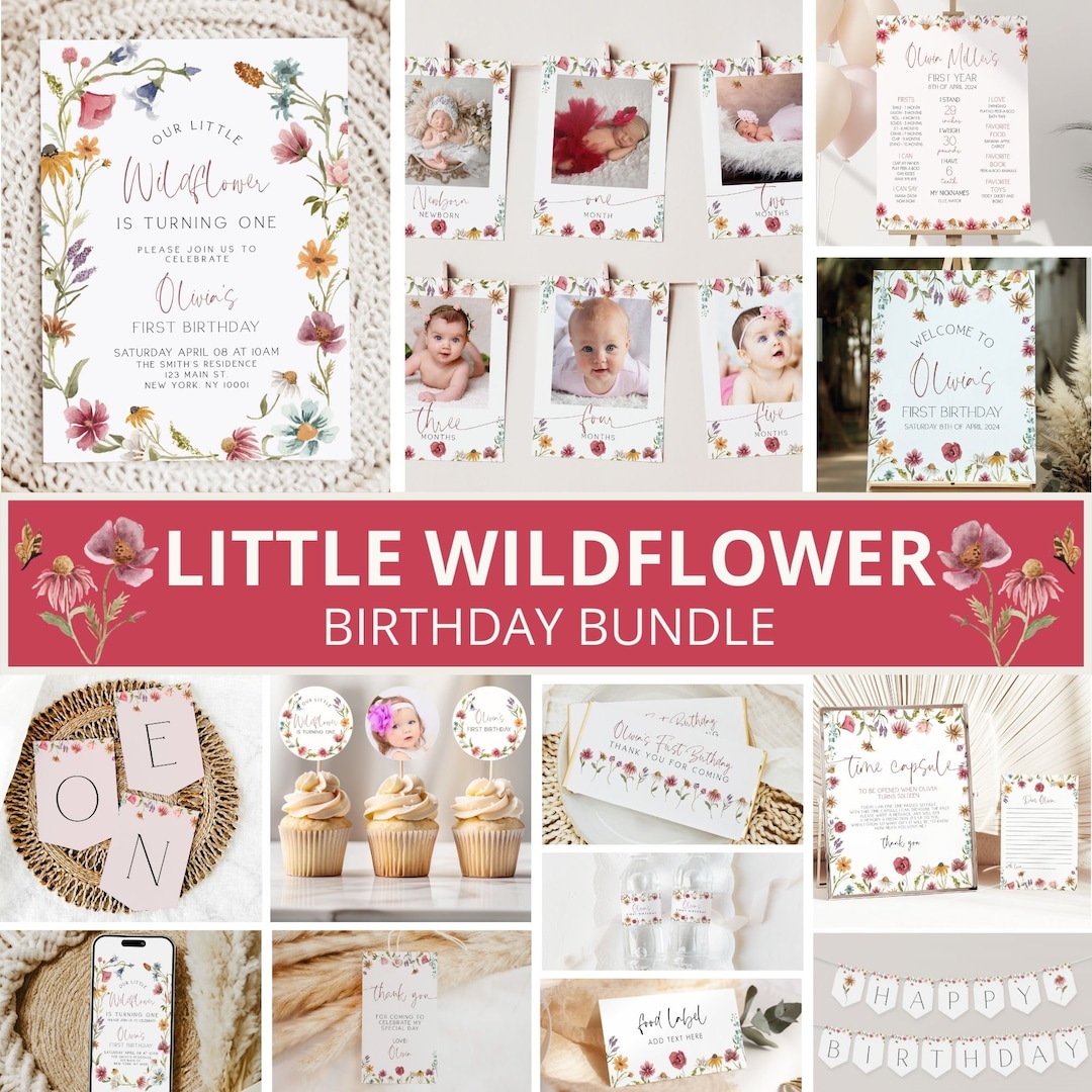 Wildflower Birthday Invitation Bundle, Wildflower 1st Birthday Bundle ...