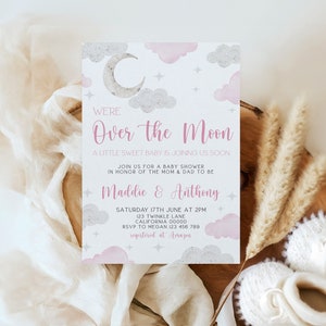 Pink Over the Moon Baby Shower Invitation, Pink Over the Moon Baby ...