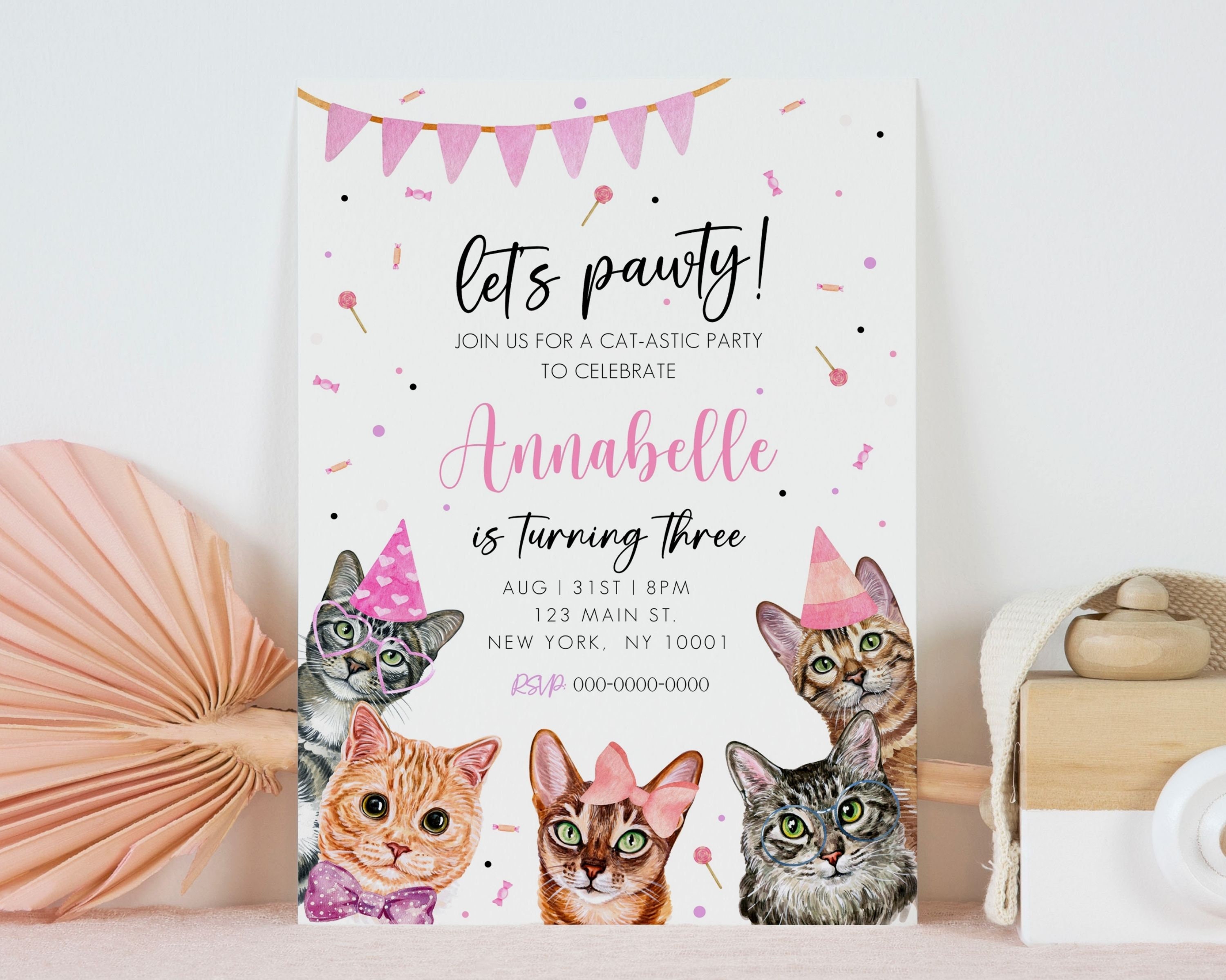 Cat Themed Birthday Party Invitations