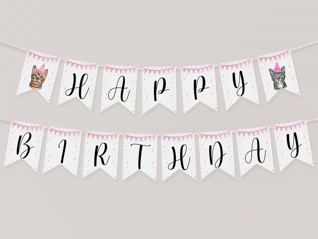 Cat Happy Birthday Banner Printable, Cat Birthday Decorations, Cat ...