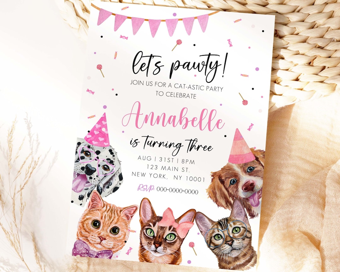 Cat and Dog Themed Birthday Invitation, Let's Pawty Birthday Invite ...