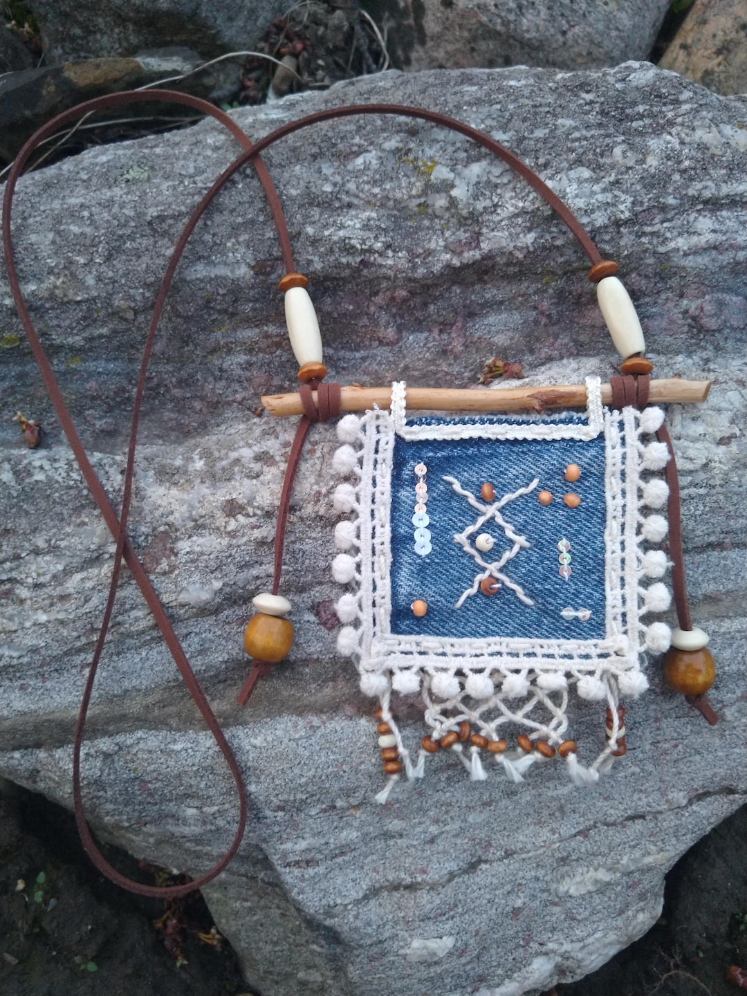 Amulet Talisman Tribal Blue Jeans Necklace Fabric Jewelry Textile Denim ...