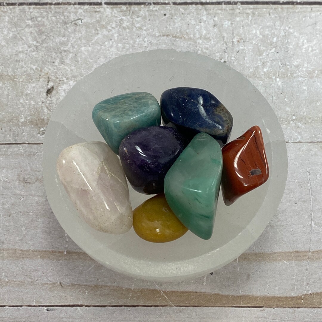 Chakra Stones in a Selenite Charging Bowl Charging Station, Selenite ...