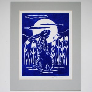 Handprinted Hare and Moon Linocut Print on Japanese Hosho Paper Printed ...