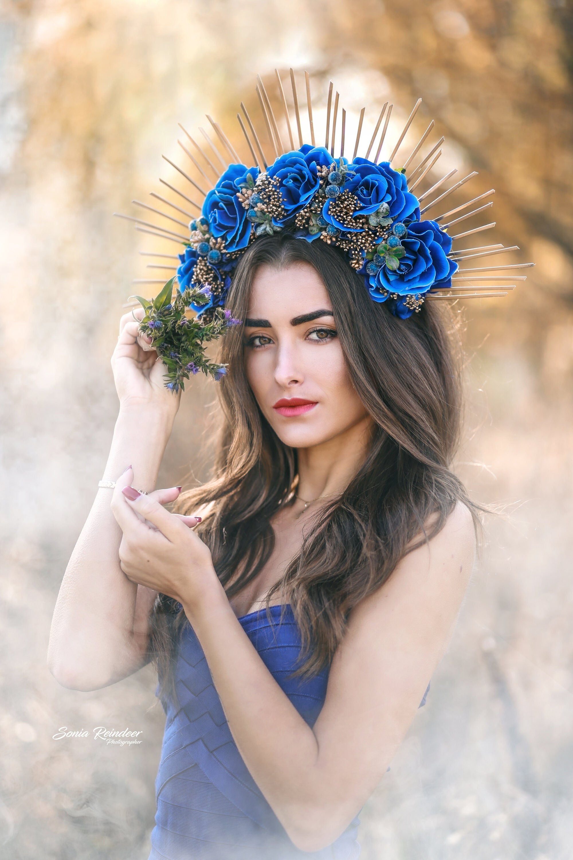 Halo Crown Queen Blue Roses Crown Hallo Gold Crown Rose - Etsy