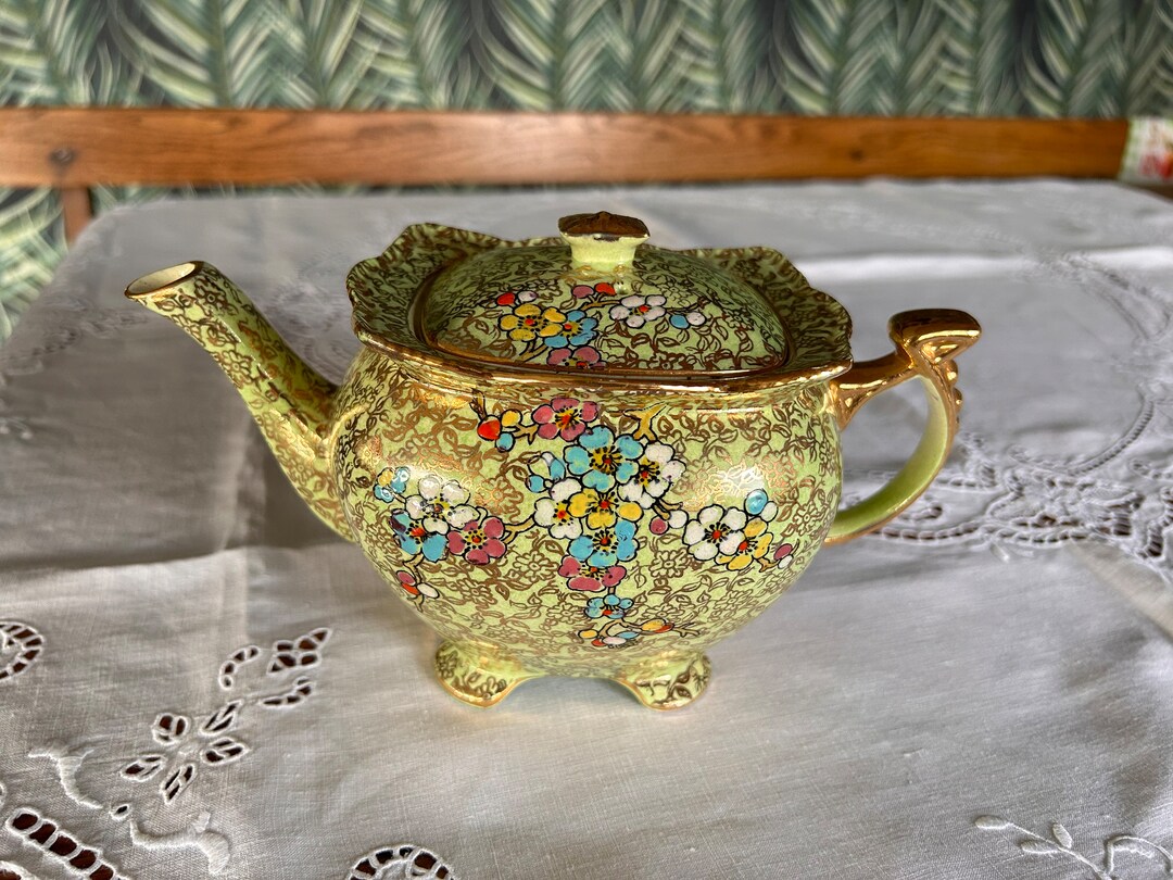 Royal Winton Athena Shape Green and Gold Teapot With Handpainted ...