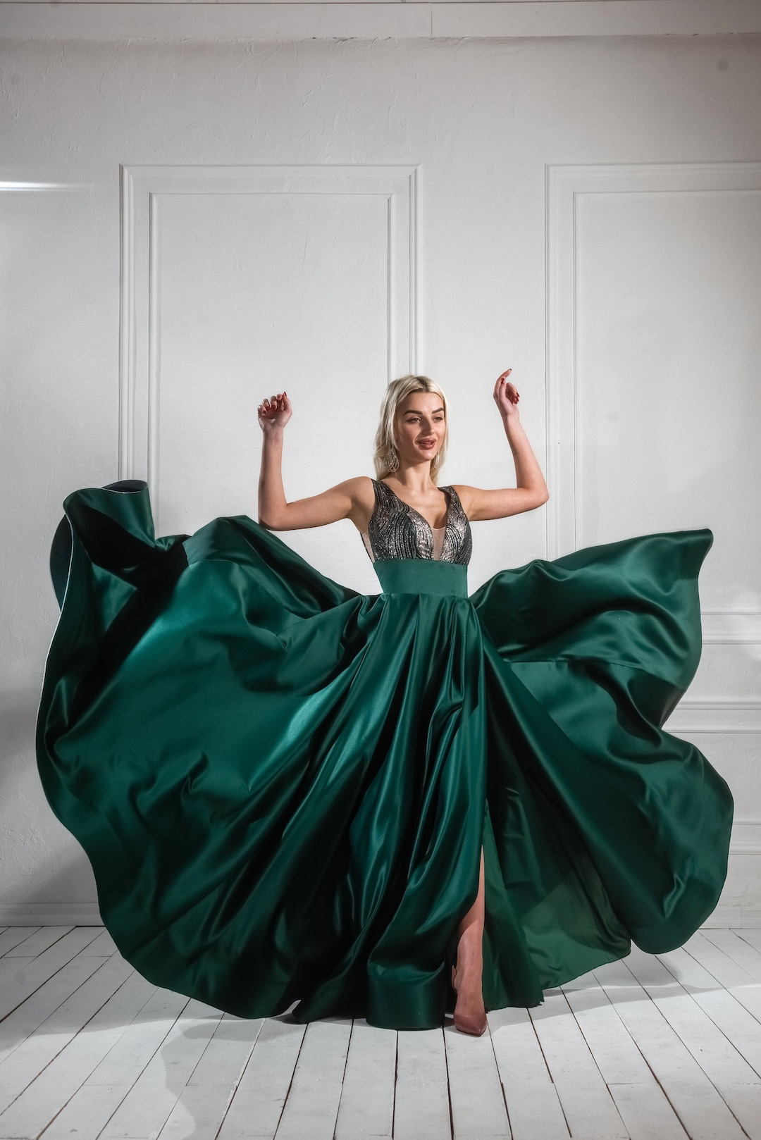 Green Ball Gown Satin Dress Long Prom Dress Wedding Guest - Etsy